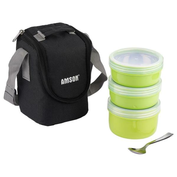 Amson Elite Ecosteel Green Rectangular Plastic Lunch Box 300+300+450 ml ...