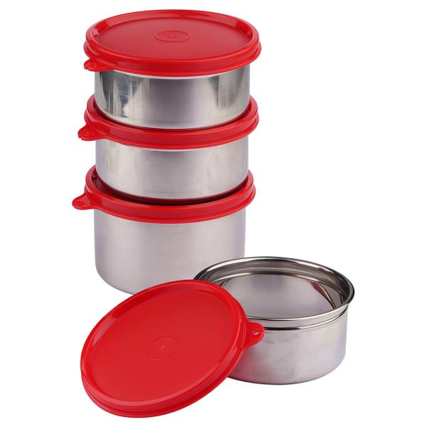 Amson Executive Steel Round Lunch Box 350x3+500 ml with Red Plastic Lid ...