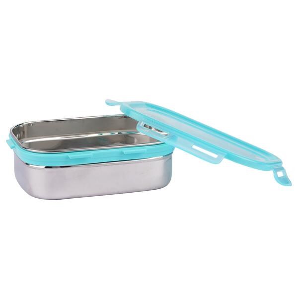 Amson Elegant Rectangular Steel Container 325 ml with Blue Plastic Lid ...