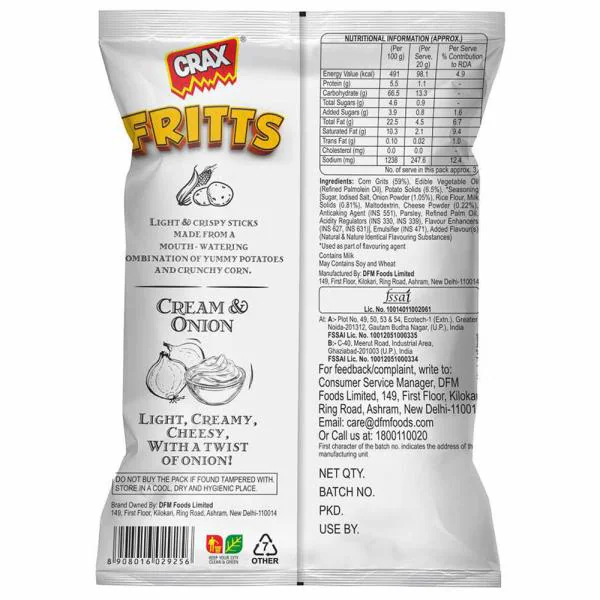 Crax Fritts Cream & Onion Corn And Potato Sticks 57 g - JioMart