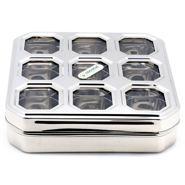 Coconut Square Stainless Steel Masala Box with 9 Bowls & See-Thru Lid ...