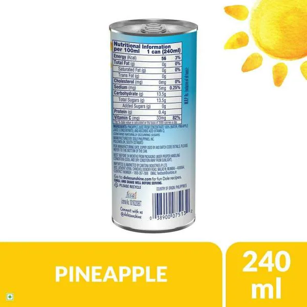 Dole 100% Pineapple Fruit Juice 240 ml - JioMart