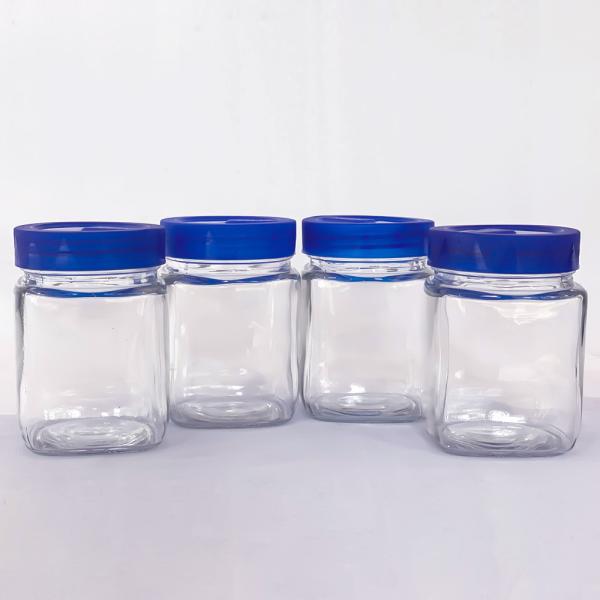 Yera Square Glass Jar with Blue Lid 320 ml (Set of 4) - JioMart
