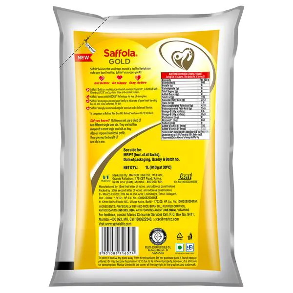 Saffola Gold Rice Bran And Corn Based Blended Oil 1 L - JioMart