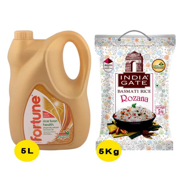 India Gate Rozana Basmati Rice 5 kg + Fortune Rice Bran Health Physically Refined Rice Bran Oil ...