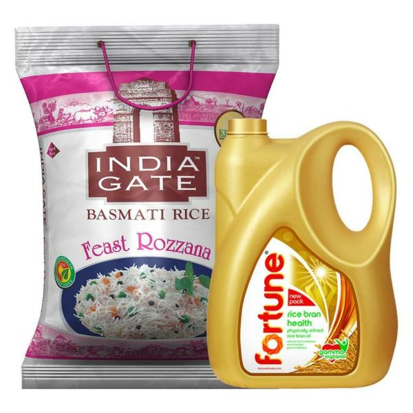 Fortune Health Physically Refined Rice Bran Oil 5 L + India Gate Feast ...
