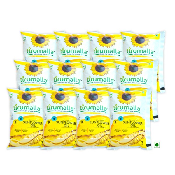 Tirumalla Refined Sunflower Oil - 12 Liter, Combo Pack of 12 x 1 Liter Pouch - JioMart