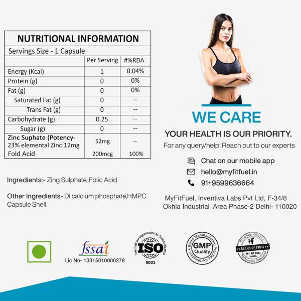 MyFitFuel Zinc + Folic Acid (100% RDA Recommendation), 90 Capsules 90 ...