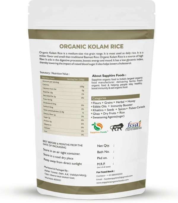 Sapphire Foods Organic Kolam Rice 5 kg - JioMart