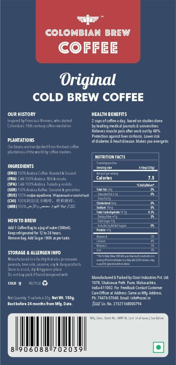 Colombain Brew Coffee Arabica Original Cold Brew 05 Brew Bags, 20 Cups ...