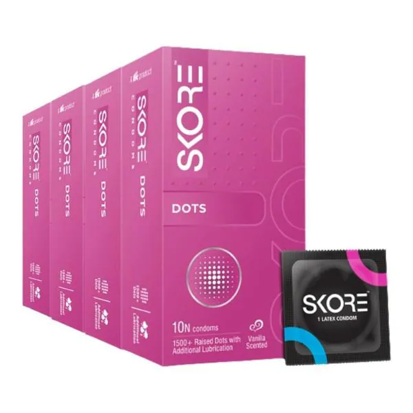 Skore Dotted Condoms with extra lubrication and vanilla scented (Dots) 10N (Pack of 4) - JioMart