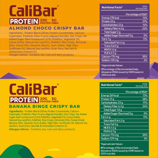 CaliBar 20g & 10g Protein Bar - All Variants - 4 Bars Almond Choco, 4 ...