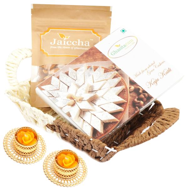 Jaiccha Ghasitaram Gifts-Small Metal Brown Basket of Kaju Katlis and ...