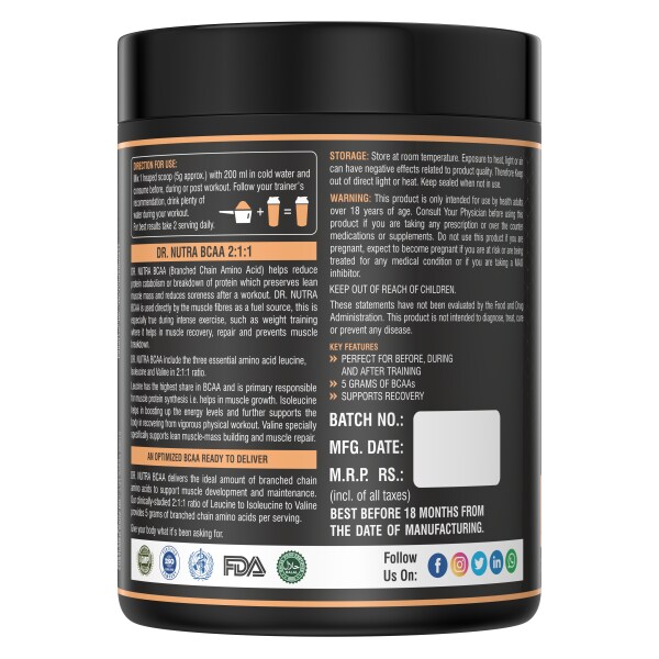 Dr.NUTRA BCAA 2:1:1 Pre-Pro And Intra Workout Amino Acids Powder 250gm ...