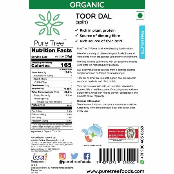 Pure Tree Organic Toor Dal 950 gm | Arhar Dal | Rich in Fiber ...