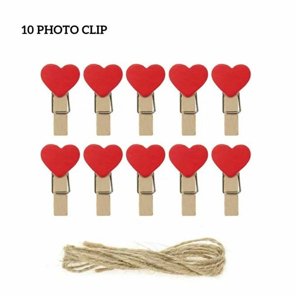 10 Mini Red Heart Wooden Photo Clip Pegs with Rope for Photo Hanging ...
