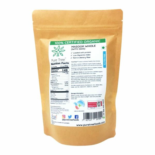 Pure Tree Organic Red Masoor Dal 400 gm | Red Lentil Whole | Rich in ...