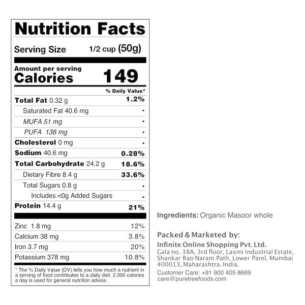 Pure Tree Organic Red Masoor Dal 400 gm | Red Lentil Whole | Rich in ...