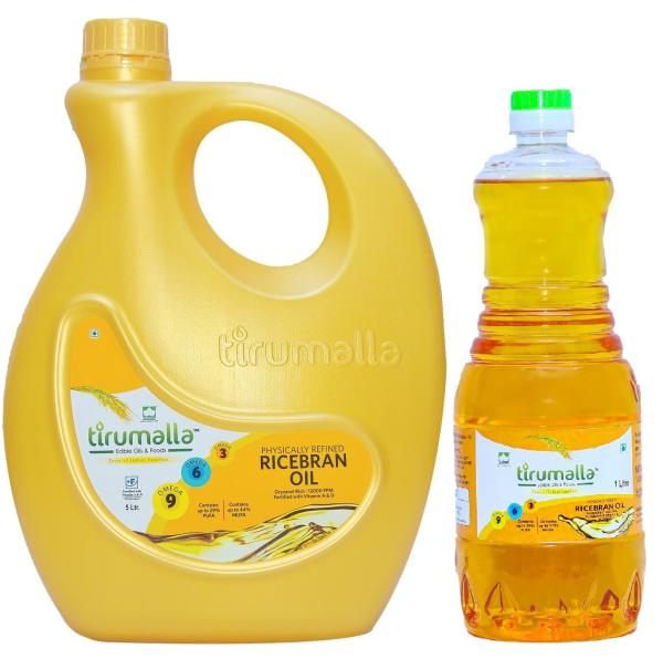 Tirumalla Physically Refined Rice Bran Oil - 6 Liter, Combo Pack of 5 Liter Jar & 1 liter Bottle ...