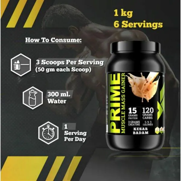 Bigflex Prime Muscle Mass Gainer, 1Kg [ Kesar Badam ] | High Protein ...