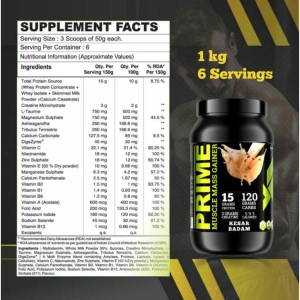 Bigflex Prime Muscle Mass Gainer, 1Kg [ Kesar Badam ] | High Protein ...