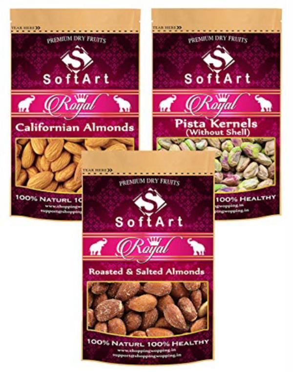 SoftArt Royal Californian Almonds , Pistachios Kernels & Roasted & Salted Almonds Vacuum Pack ...