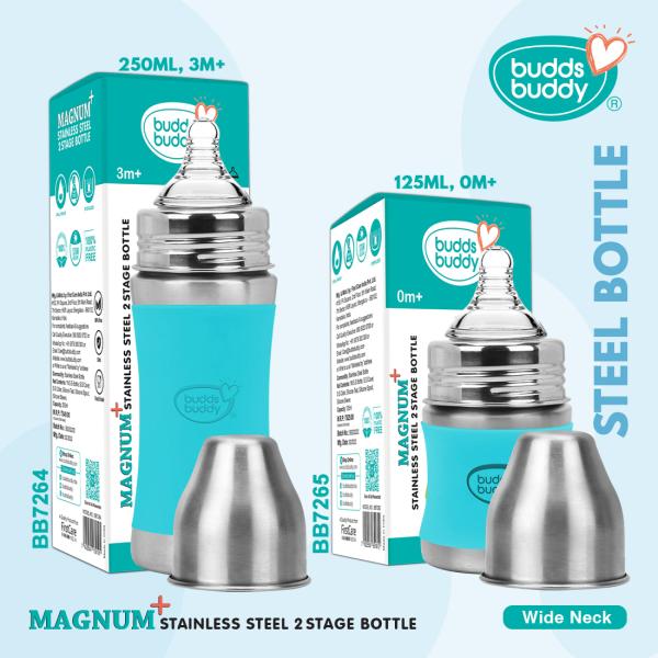 Buddsbuddy Magnum Plus Stainless Steel 2 in 1 Wide Neck Baby Feeding Bottle with Extra Spout ...