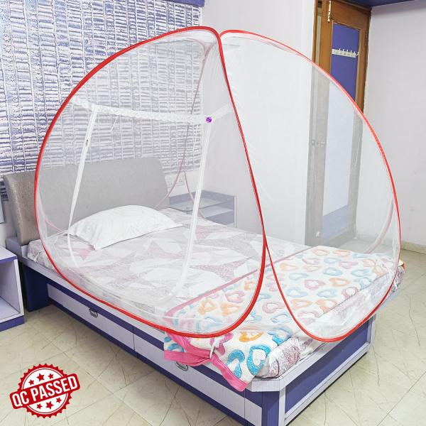 SILVER SHINE Mosquito Net Polyester Foldable Single Bed For Adult White Color and Red Patti ...