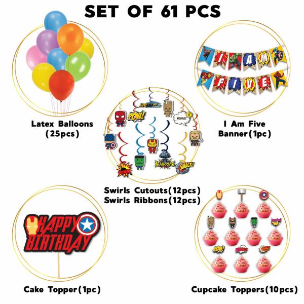 Festiko 61 Pcs Superhero Theme I Am Five Birthday Combo, Superhero ...