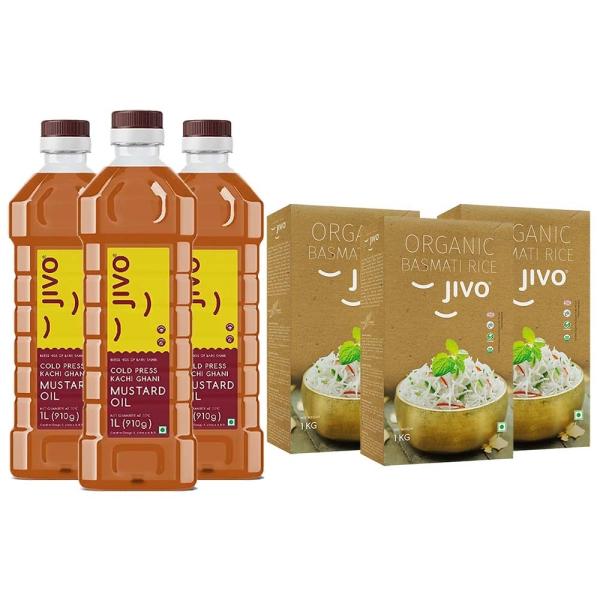 Jivo Cold Pressed Mustard Oil 1L (Pack of 3) + Jivo Organic Long Grain ...