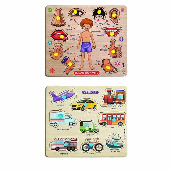 Grest Mini Wooden Human Body Parts and Vehicles Puzzle with Knobs ...