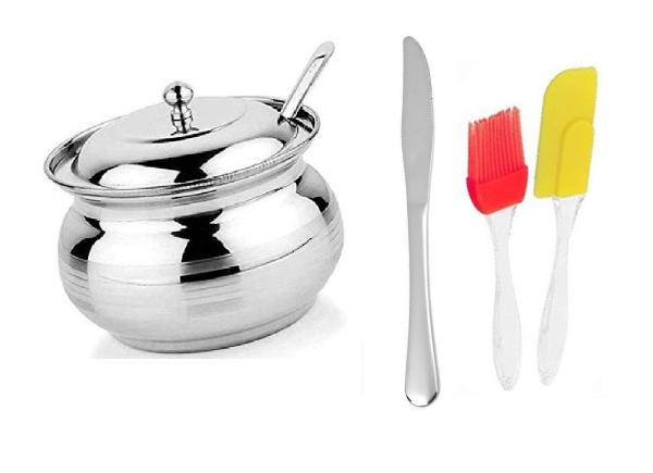 Stainless Steel Ghee Dani or Ghee Pot With Plastic Handy Chopper and ...