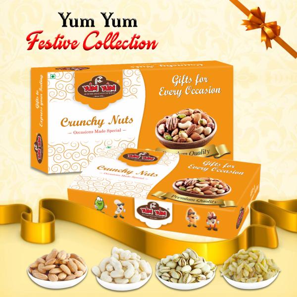YUM YUM Crunchy Nuts Dry Fruits Gift Box - 1 kg (California Almonds, Cashews, Pista & Raisin ...