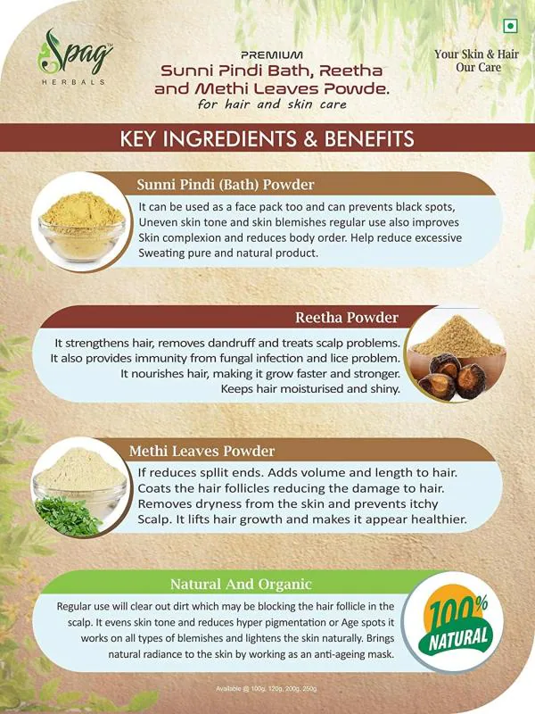 Spag Herbals Organic Sunni Pindi Bath, Reetha And Methi Leaves Powder ...