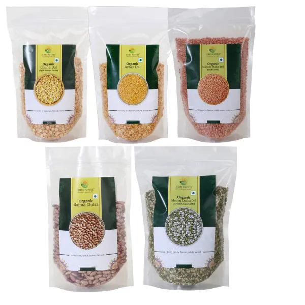 Soni Farms Pack of 5 Organic Pulses- Arhar, Chana Dal (Split), Masoor Malka, Moong Chilka (Split ...