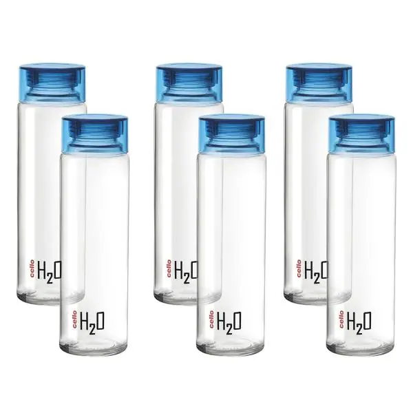 Cello H2O Glass Fridge Water Bottle with Plastic Cap, Set of 6, 920ml ...