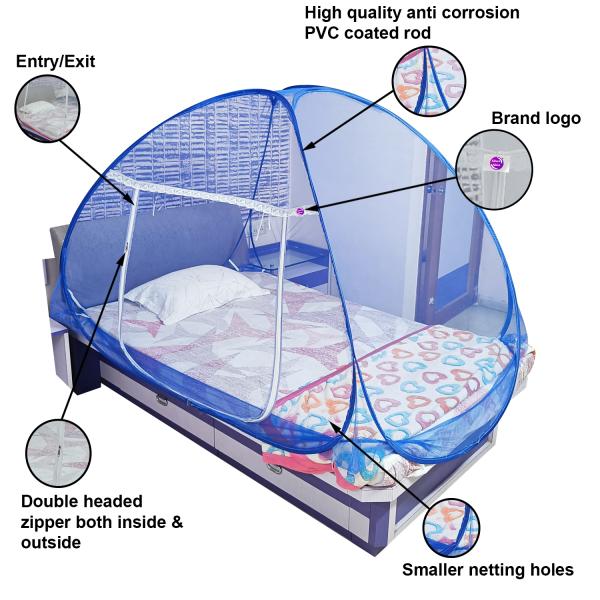 SILVER SHINE Tent Style Mosquito Net Blue Color Polyester Foldable for Single Bed Mosquito Net ...