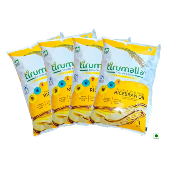 Tirumalla Physically Refined Rice Bran Oil - 4 Liter, Combo Pack of 4 x 1 Liter Pouch - JioMart