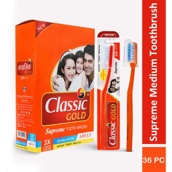 Classic Gold Supreme Medium Toothbrushes Pack Of 36 With Anti Bacterial ...