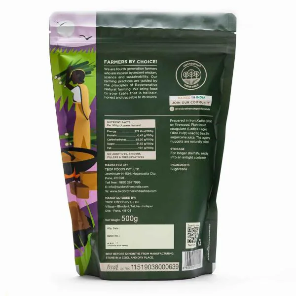 TWO BROTHERS ORGANIC FARMS SUGARCANE JAGGERY, NUGGETS 500G(Pack of 3) - JioMart