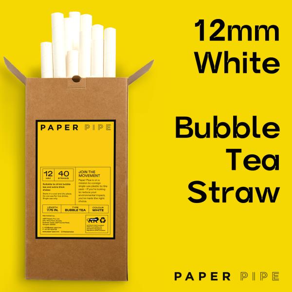 Paper Pipe - 12mm White Fat Straw for Bubble Tea (Pack of 40, 12mm Wide ...