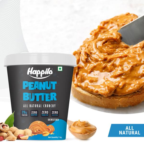 Happilo All Natural Unsweetened Peanut Butter Crunchy 1Kg, Protein Rich ...