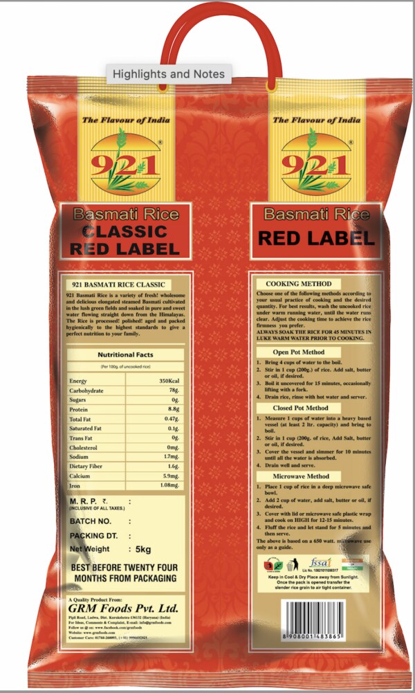 921 CLASSIC RED LABEL JEERA RICE SPECIAL BASMATI RICE 5KG - JioMart