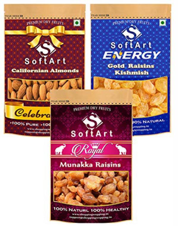 SoftArt Dry Fruits Combo Of Californian Badam,Gold Kishmish & Munakka Raisins Vacuum Pack ...