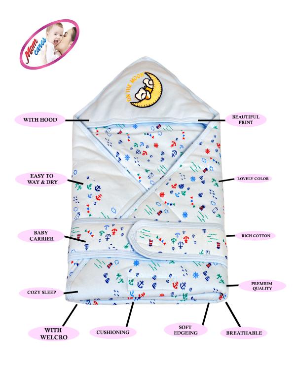 MOM CARES Blue Cotton Baby Wrapper with Hood 30 inch x 30 inch - JioMart