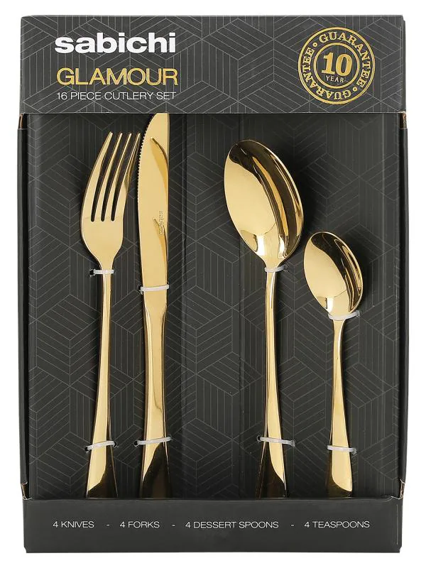 Sabichi Glamour Stainless Steel Golden Set of 16 Cutlery Set for Dining ...
