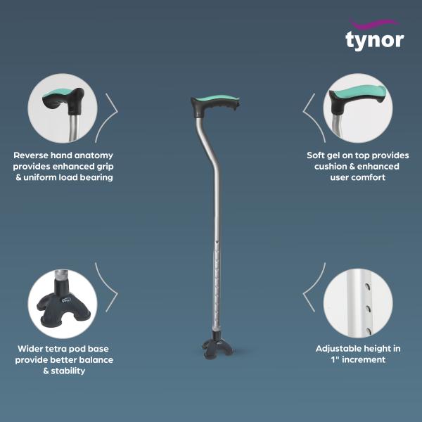 Tynor Walking Stick Tetra, Grey, Universal, 1 Unit - JioMart
