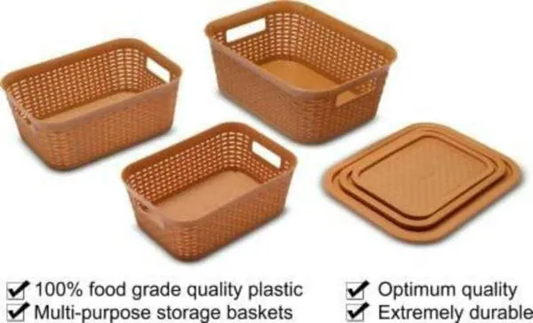 Nabhya Brown Plastic Storage Baskets with Lid Set of 3 (Pack of 3 ...