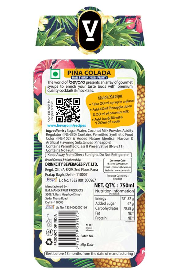 BEVARO Pina Colada Syrup, 750 ml, Contains Coconut Milk, For Mocktails ...