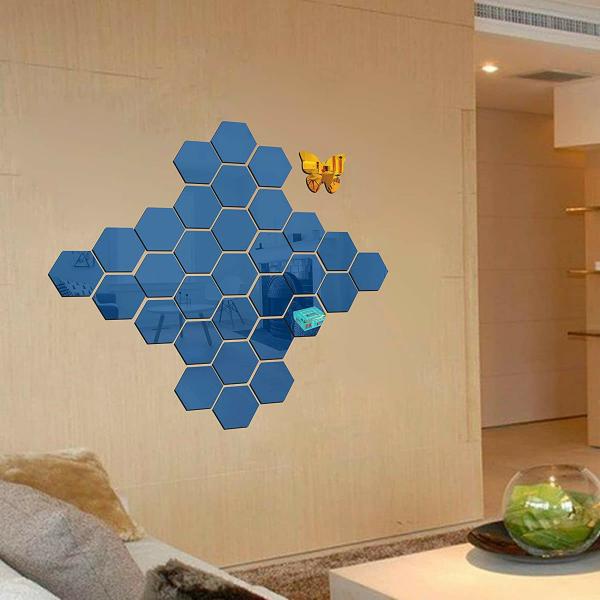 Look Decor Blue Hexagon and Butterflies Blue 3D Hexagon Mirror Wall ...